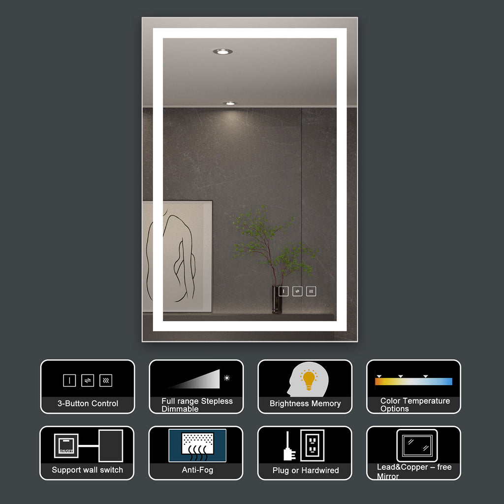 36x24 inch Dimmable LED Lighted Bathroom Mirror Rectangle-Hauschen Home ...